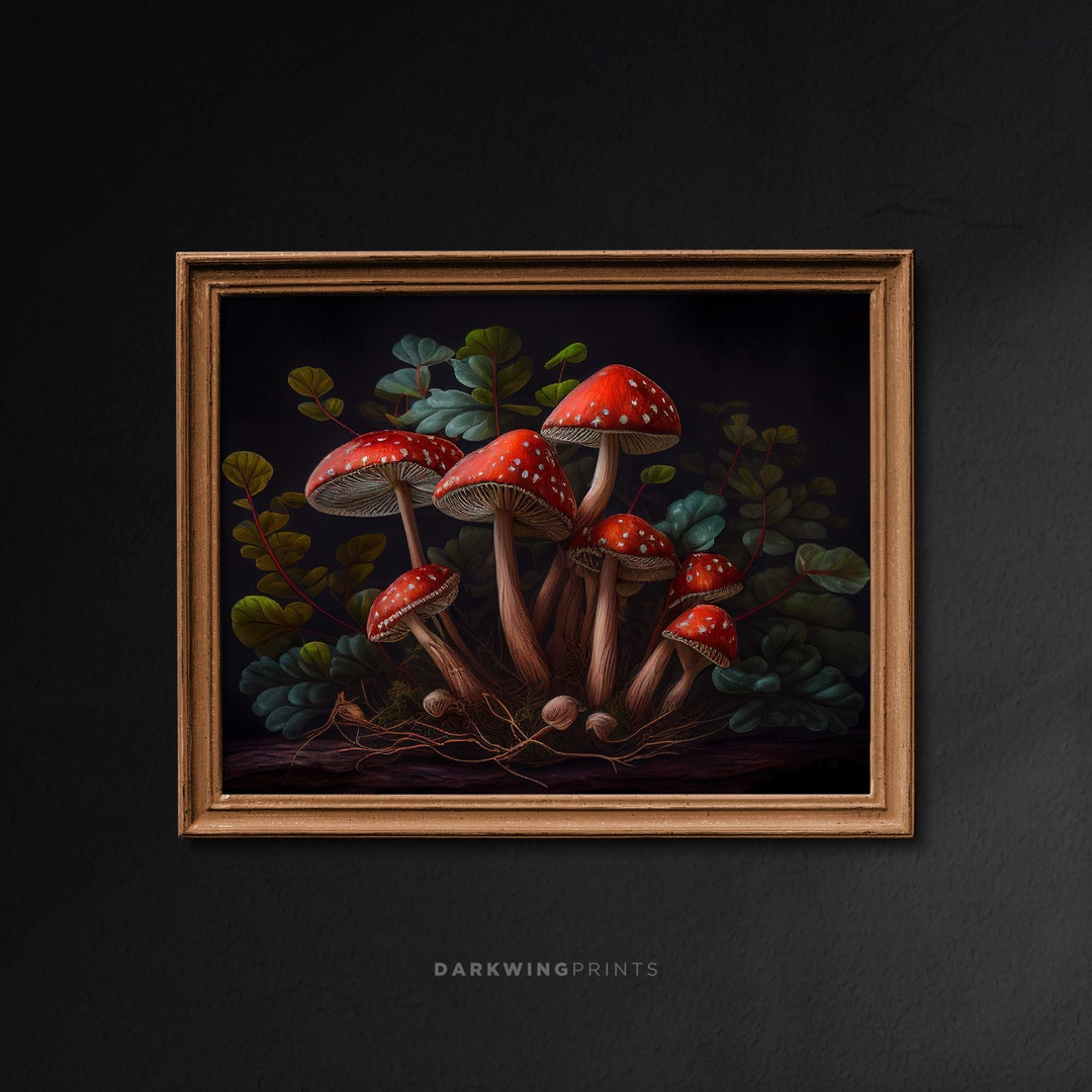 Red Mushrooms Print, Dark Moody Antique Poster, Goblincore Oil Painting ...