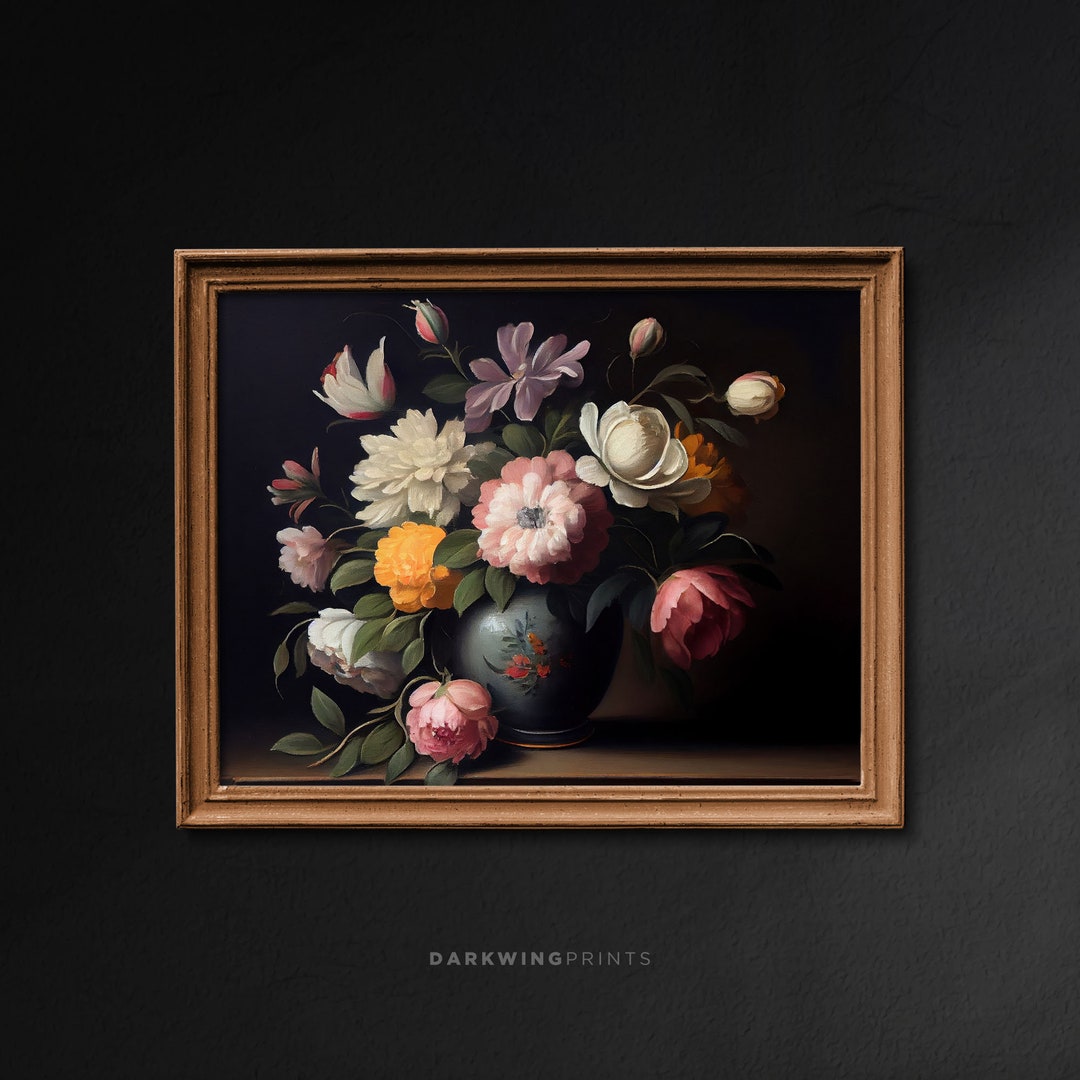 Moody Floral Wall Art, Dark Flower Painting Printable Art, Antique ...