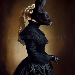 Victorian Lady Black Bunny, Vintage Print, Gothic Home Decor, Rabbit ...