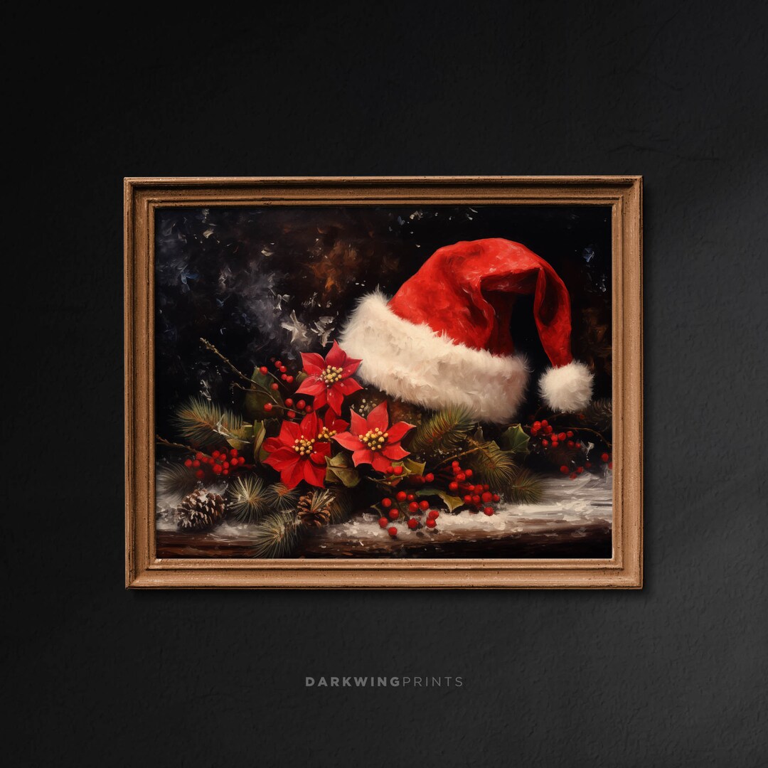 Santa Hat Still Life Painting, Christmas Wall Decor, Rustic Christmas ...