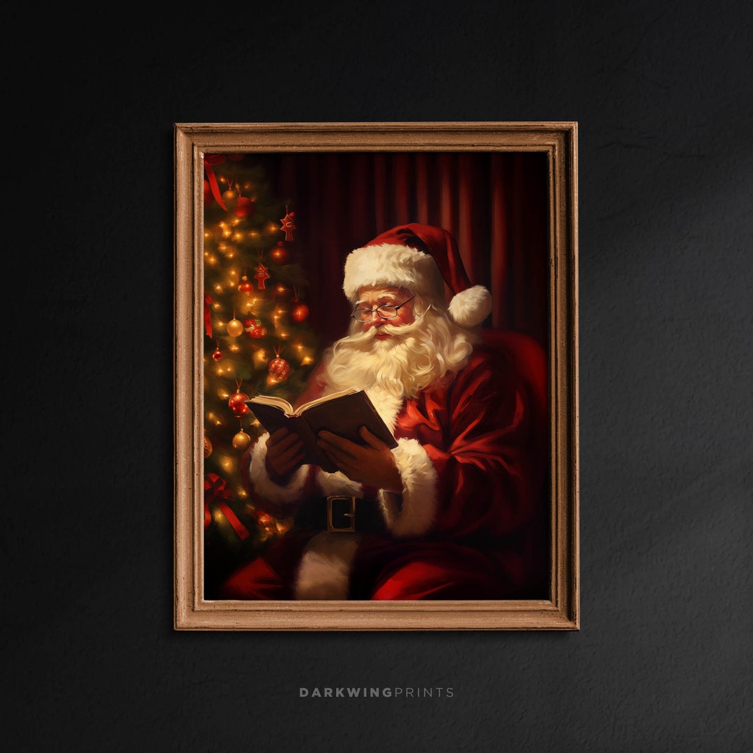 Santa Reading Book, Christmas Oil Painting, Printable Vintage Christmas ...
