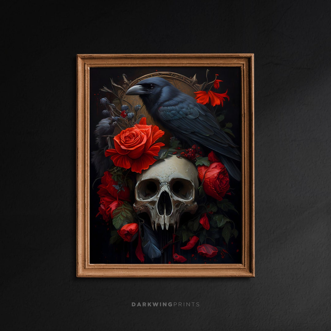 Goth Still Life, Gothic Skull and Raven Wall Art, Moody Oil Painting ...
