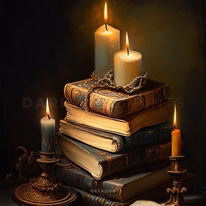 Goth Vintage Books Wall Art, Bookish Oil Painting Print, Abandoned ...