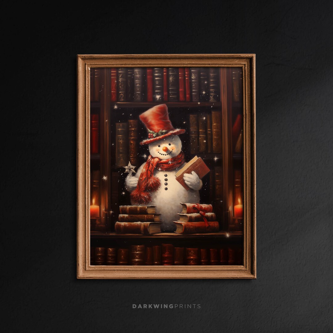Snowman Reading a Book in Library, Christmas Oil Painting, Art Vintage ...