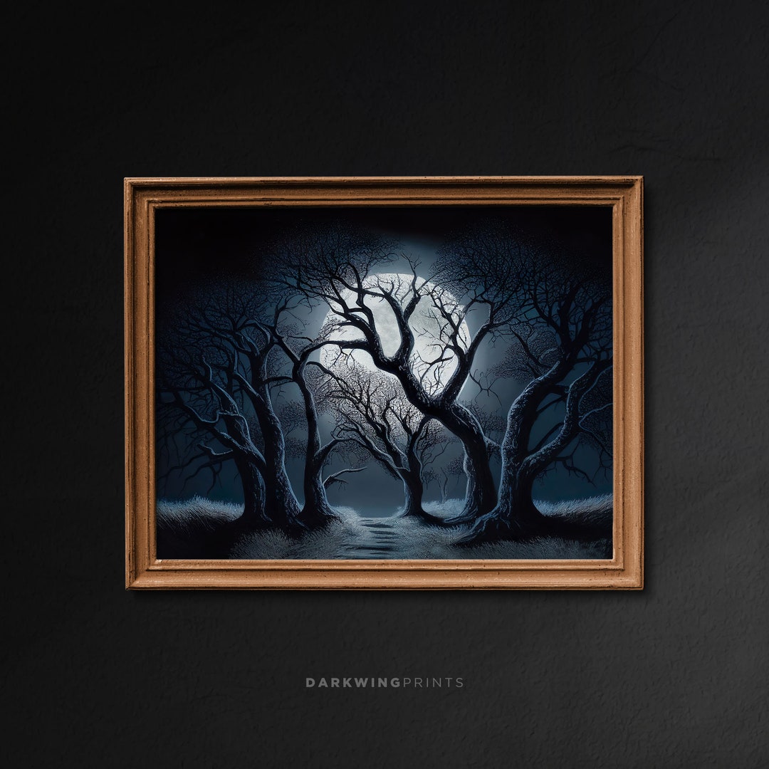 Night Full Moon and Trees Landscape, Dark Wall Art, Moody Oil Painting ...
