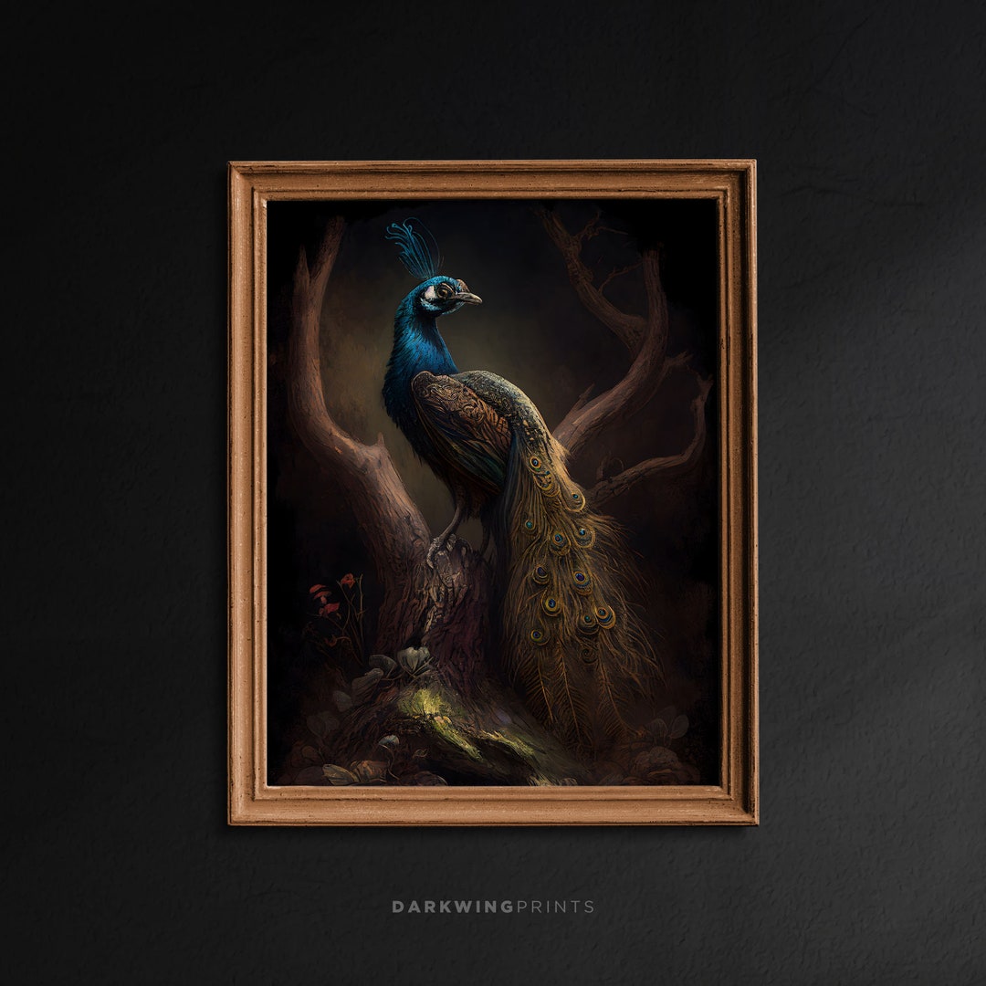 Gothic Peacock Wall Art Print, Antique Oil Painting Printable, Moody ...