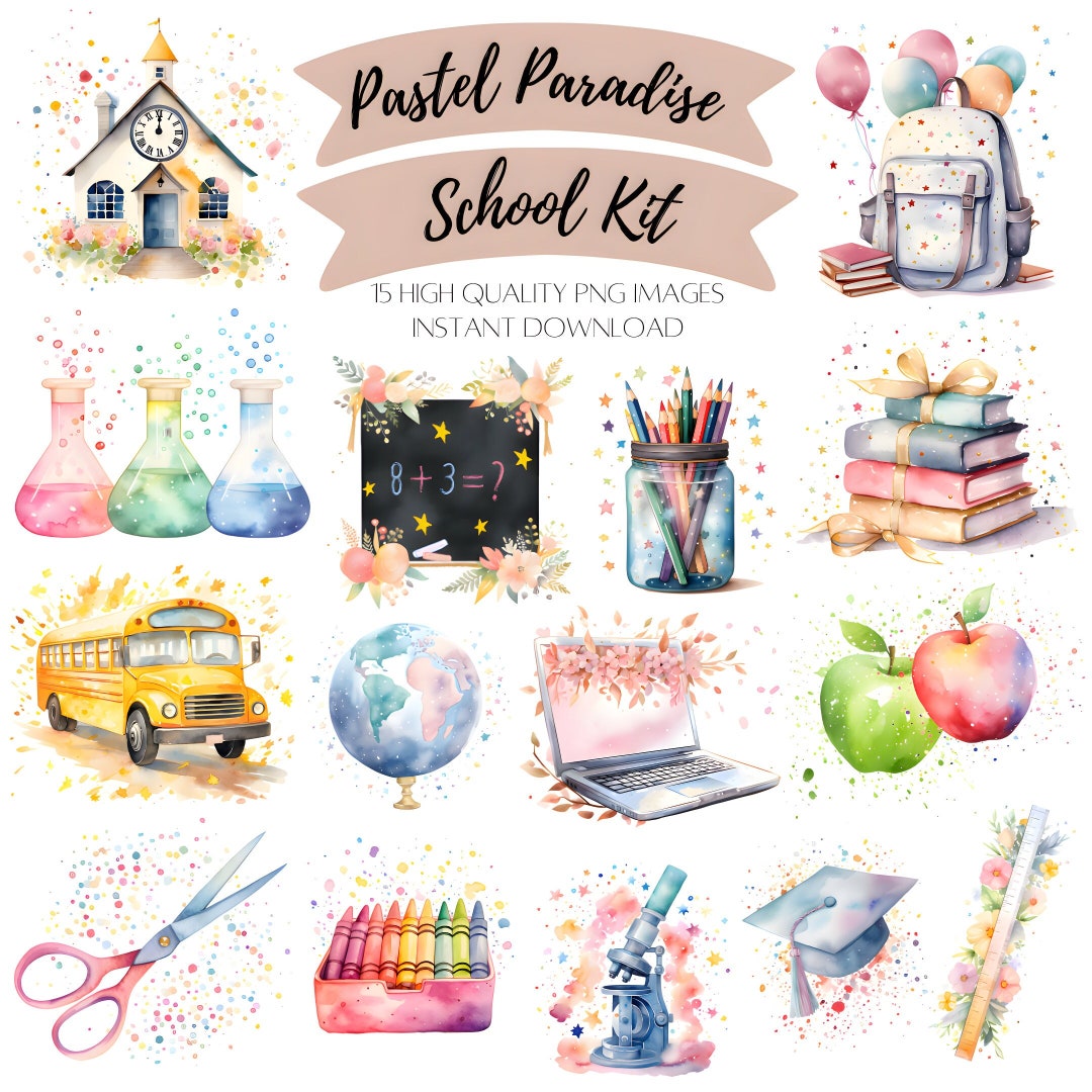 Pastel Paradise School Kit Clipart 15 HQ Digital Pngs Transparent ...
