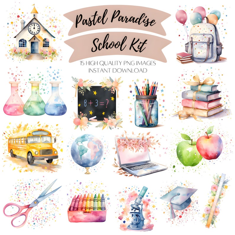 Pastel Paradise School Kit Clipart 15 HQ Digital Pngs Transparent ...
