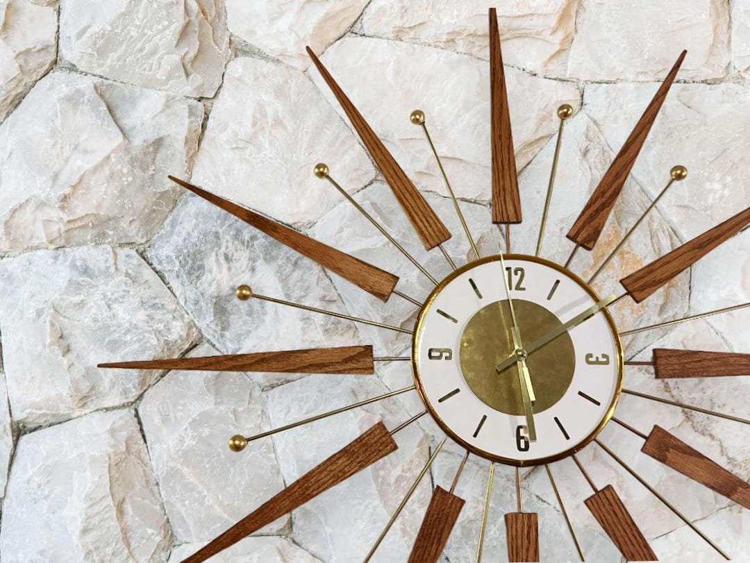 Mid-century Modern Starburst Clock Handmade Brass Oak Wood Statement ...