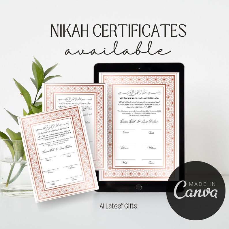 Nikah Certificate Personalise Digital Download Edit in Canva Muslim ...