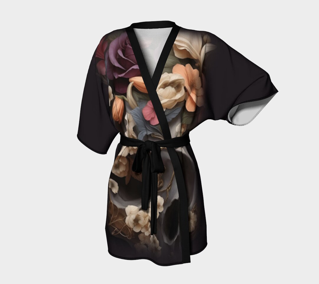 Aesthetic Floral Skull Painted Portrait Full-print Kimono. Dark Purple ...