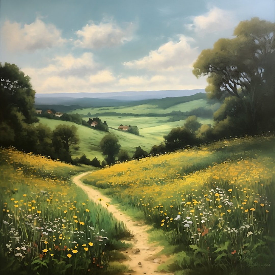 Printable Wildflower Field Landscape Oil Painting, Vintage Landscape ...