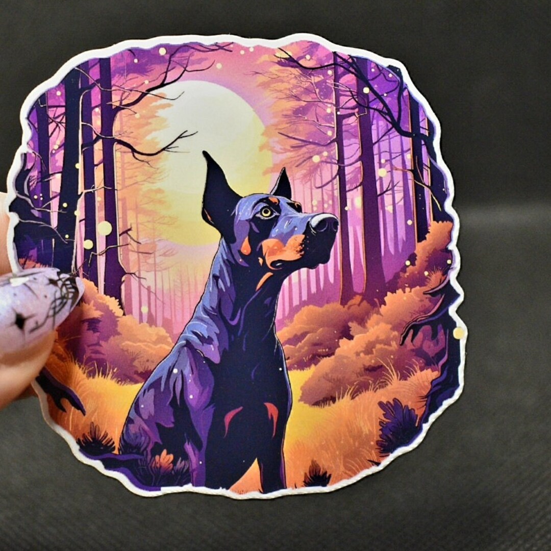 Doberman Fantasy Sticker, Holographic Dog Art Decal, Mystical Forest ...
