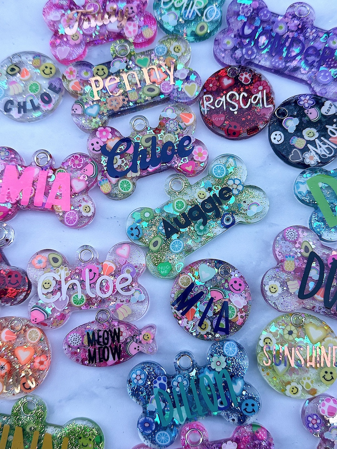Personalized Glitter Resin Dog, Cat, Pet ID Tags, Custom Key Chains - Etsy