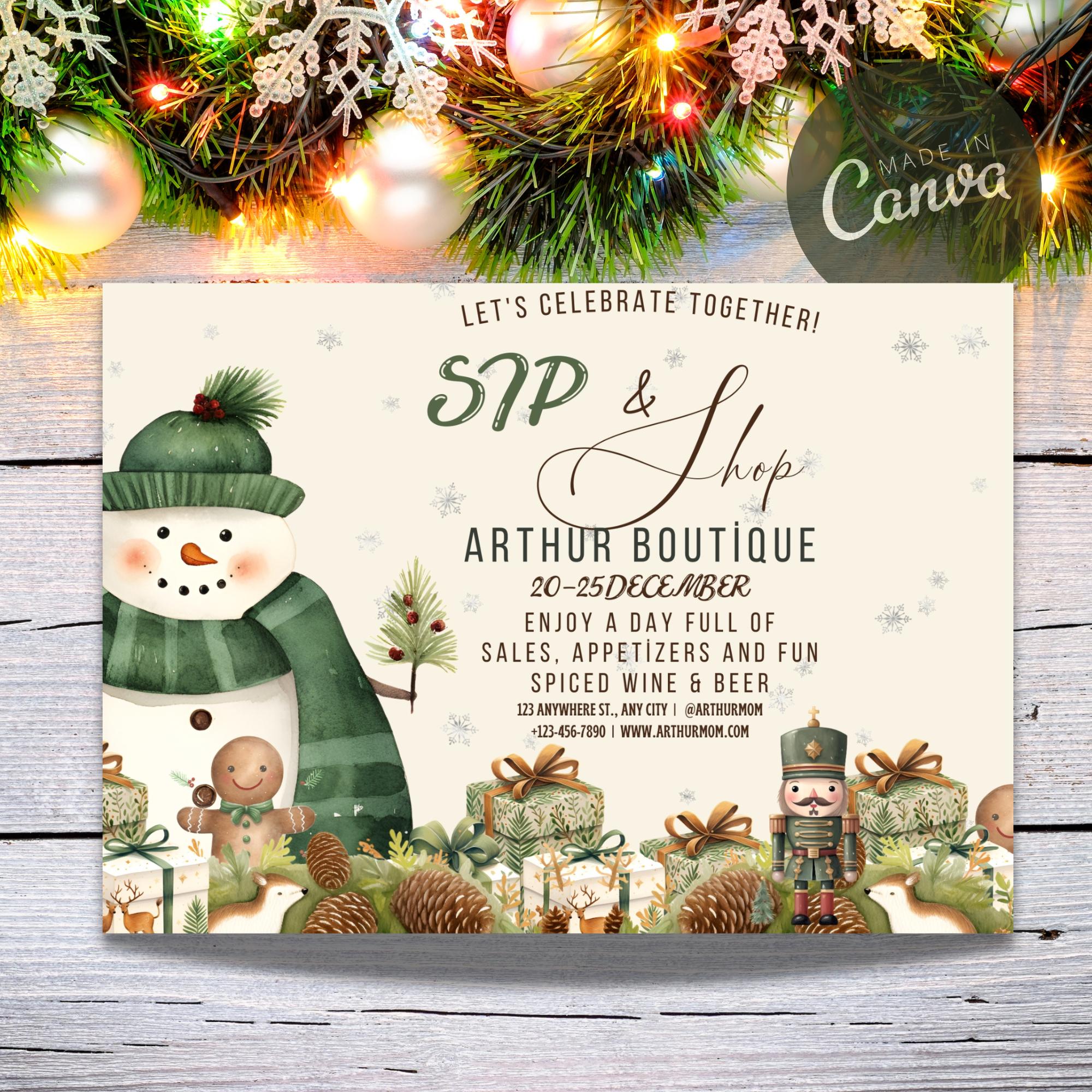 Sip and Shop Holiday Invitation Canva Template, Editable Shop and Sip ...