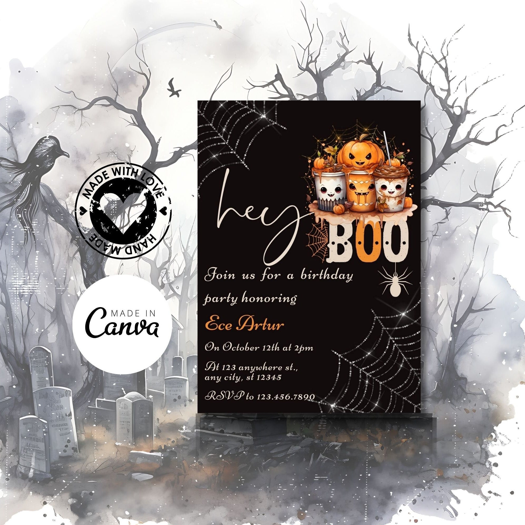 Editable Hey Boo Birthday Invitation Canva, Hey Boo Ghost Halloween ...