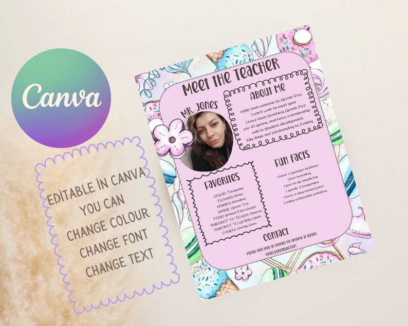 Colorful Meet the Teacher Editable Canva Template, Doodle Classroom ...