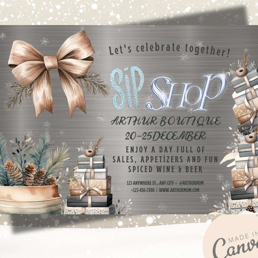 Sip and Shop Holiday Invitation Canva Template, Editable Shop and Sip ...