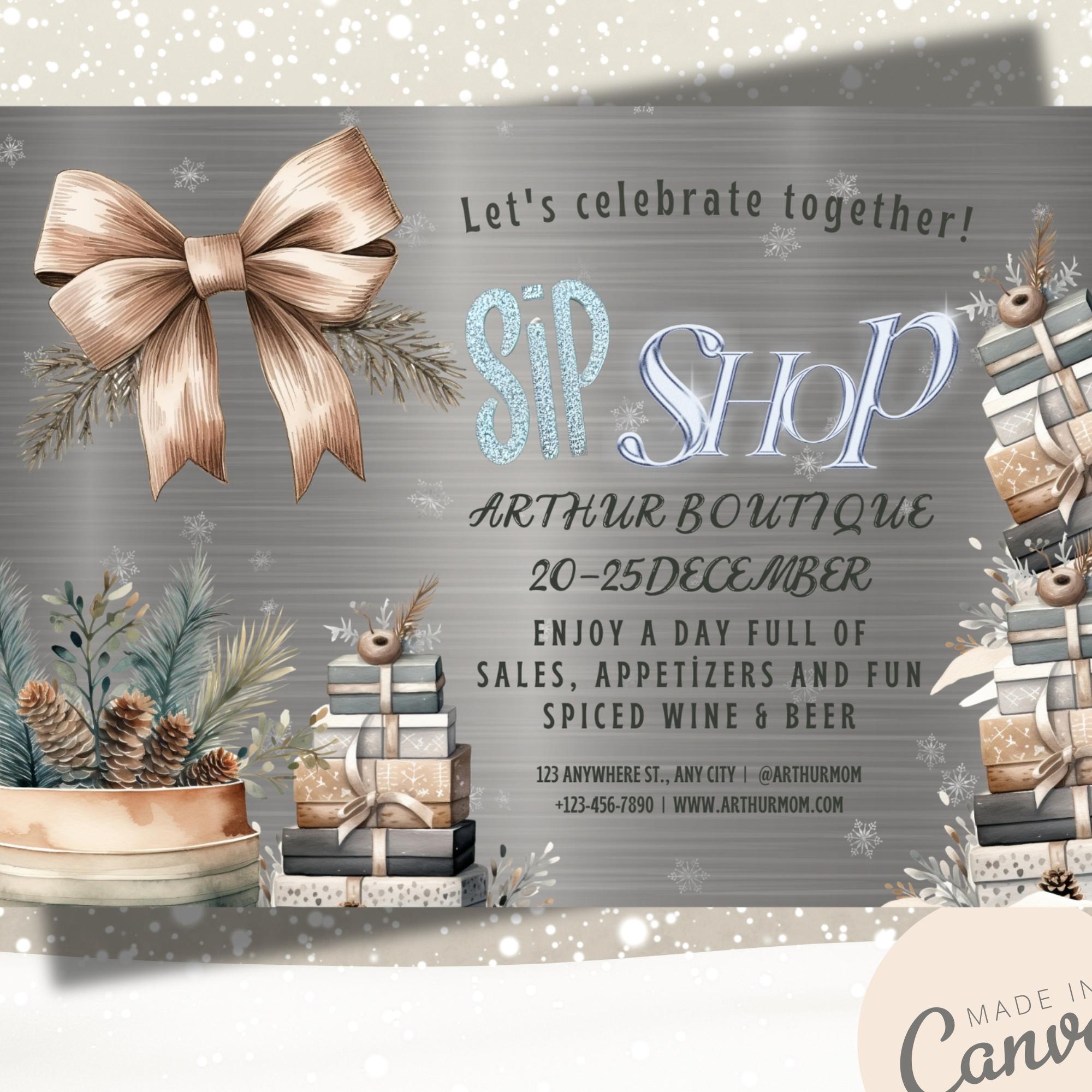 Sip and Shop Holiday Invitation Canva Template, Editable Shop and Sip ...