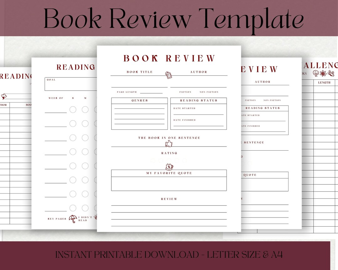 Printable Book Review Template, Book Reader Inserts, Book Worm, Avid ...
