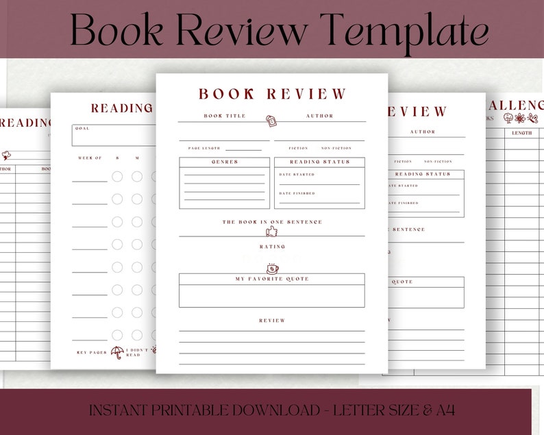 Printable Book Review Template, Book Reader Inserts, Book Worm, Avid Readers, Book Reading Log ...
