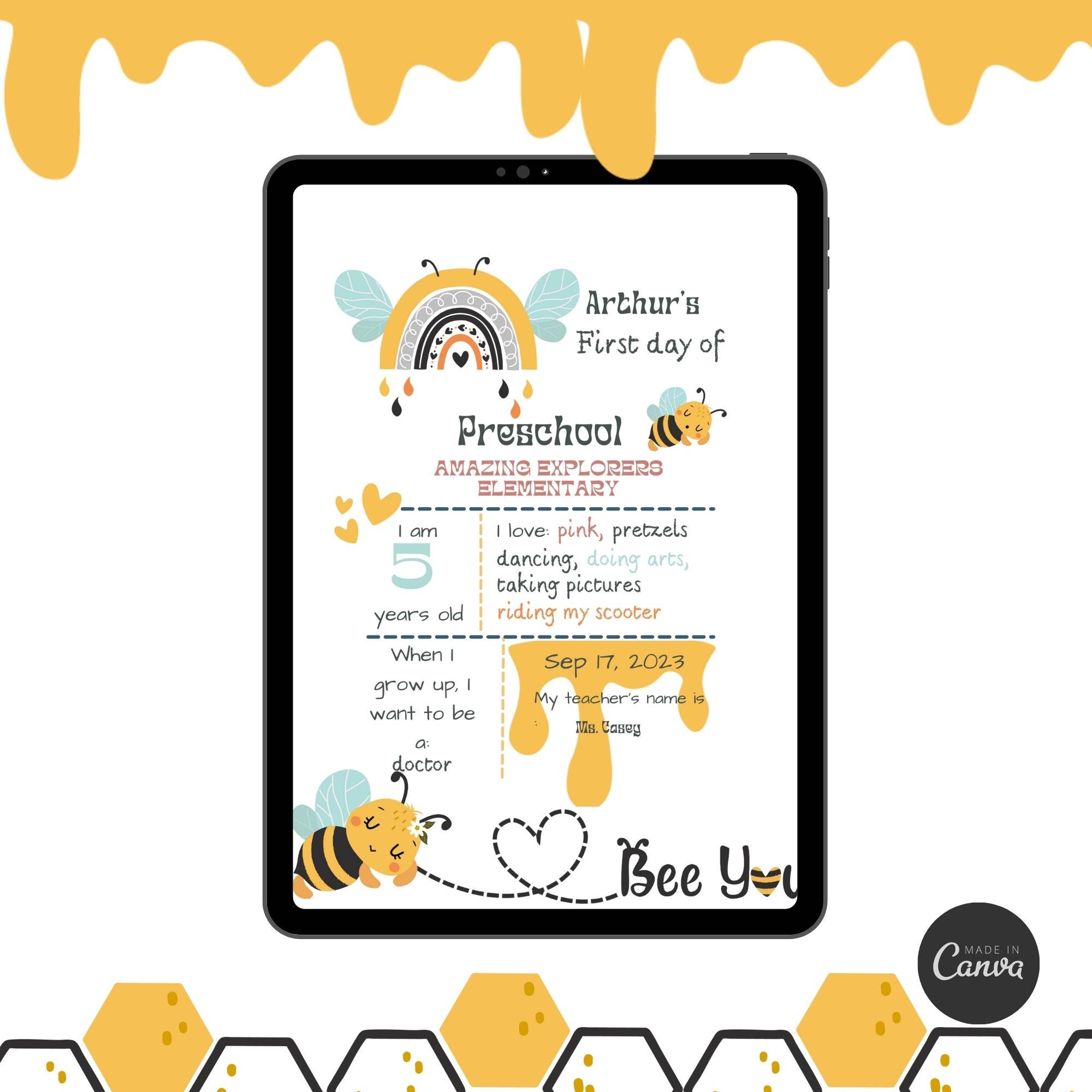 Bee Themed First Day of School Sign, Printable Back to School Sign ...