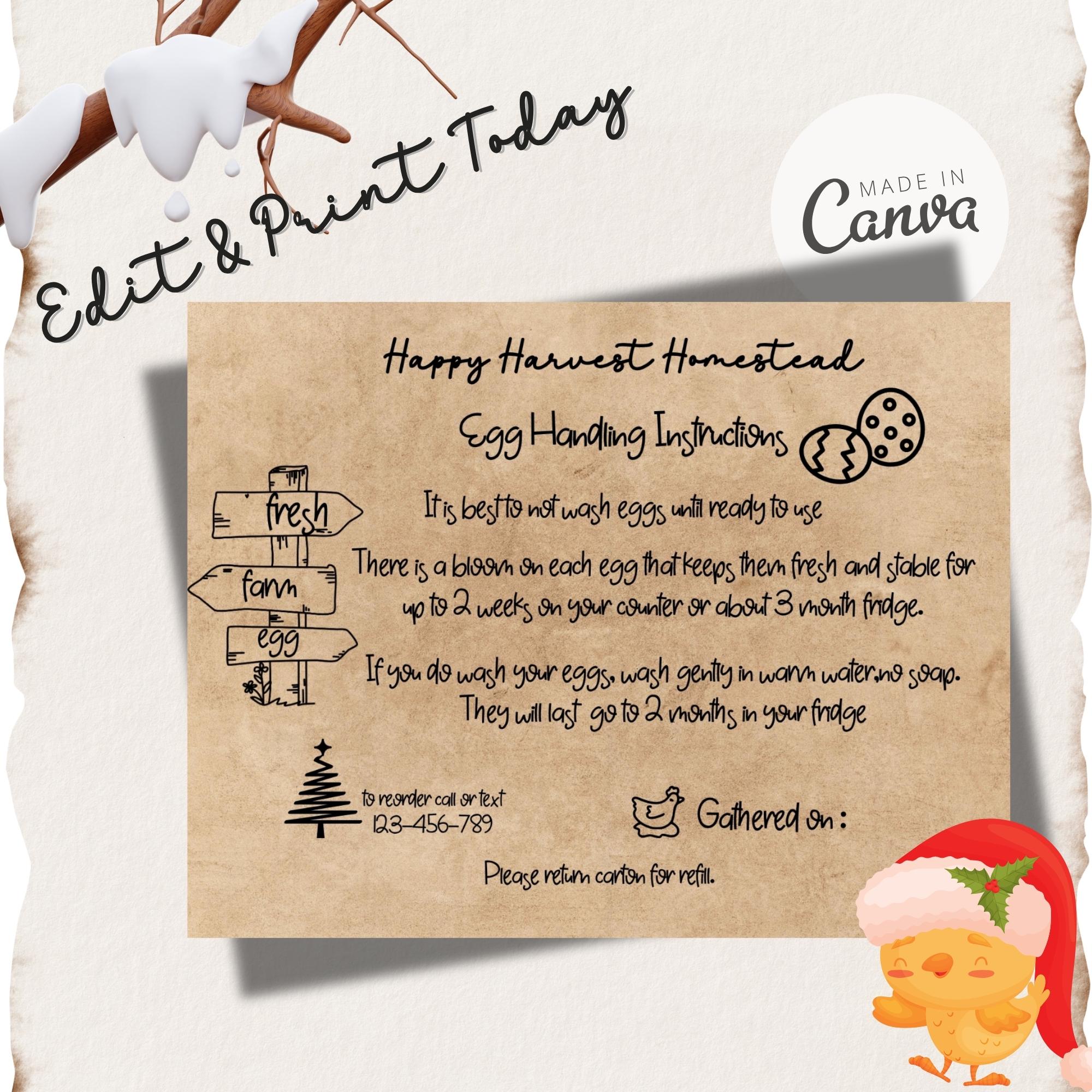 Editable EGG HANDLING Instruction Fresh Egg Care Label, Egg Carton ...