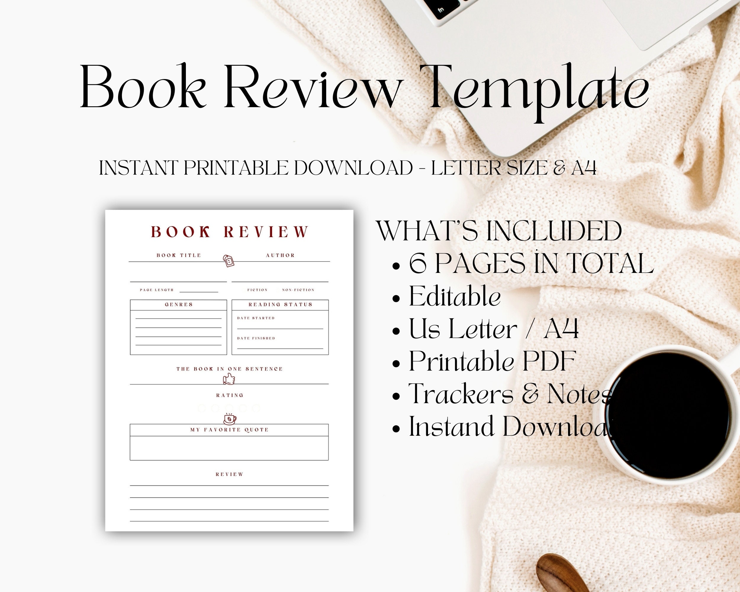 Simple Book Review Printable, A4 A5 Letter Half Letter Template, Book ...
