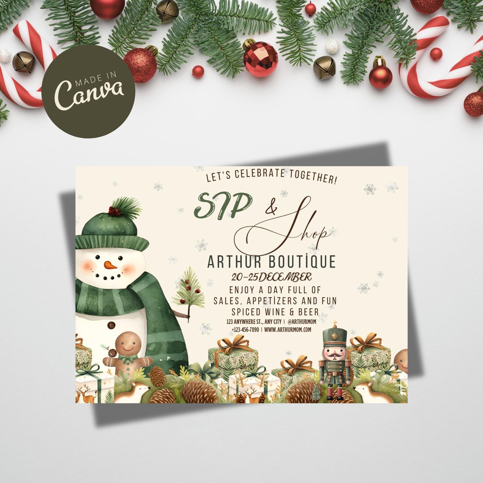 Sip and Shop Holiday Invitation Canva Template, Editable Shop and Sip ...