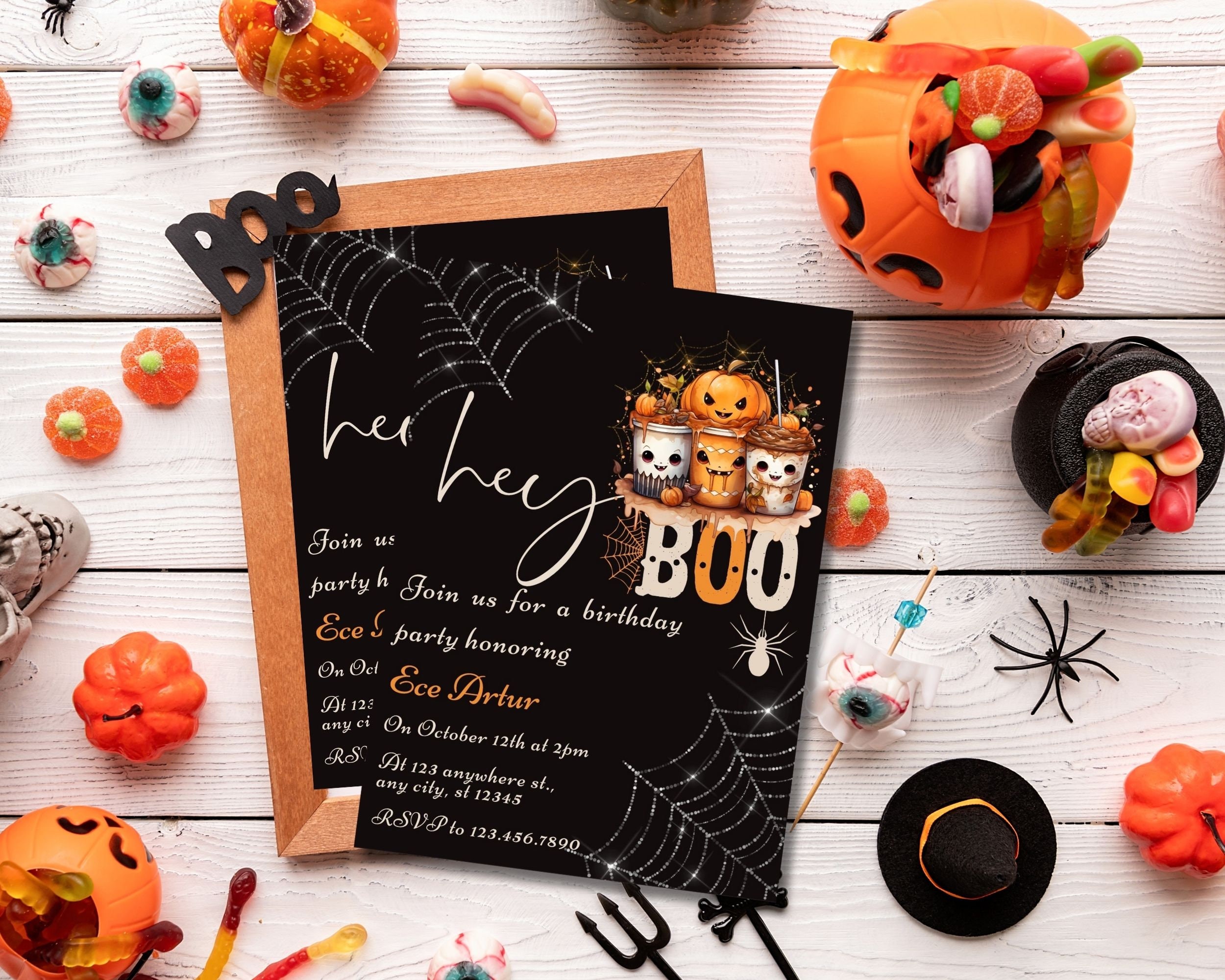Editable Hey Boo Birthday Invitation Canva, Hey Boo Ghost Halloween ...