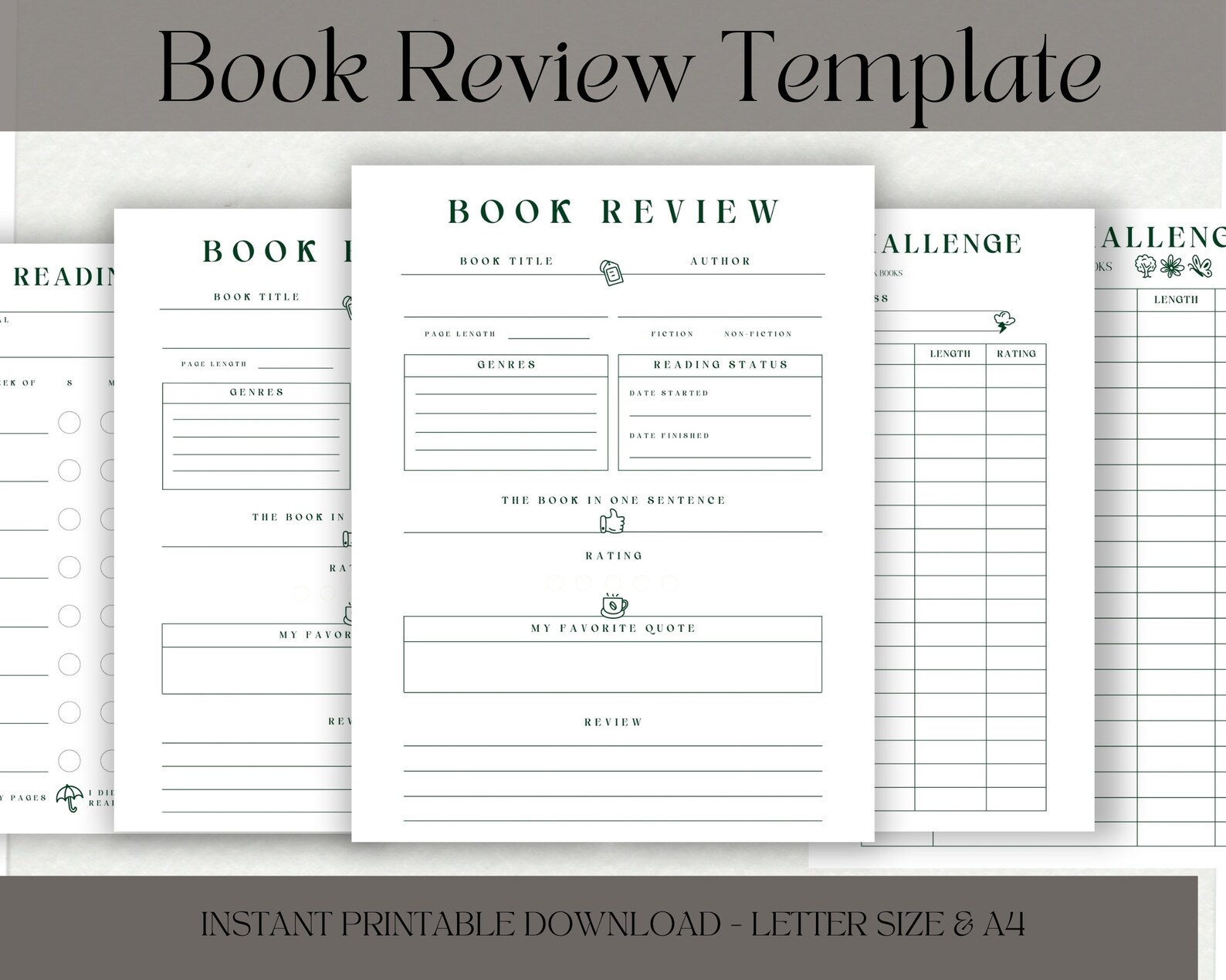 Book Review Template, Simple Book Review Printable, A4 A5 Letter Half ...