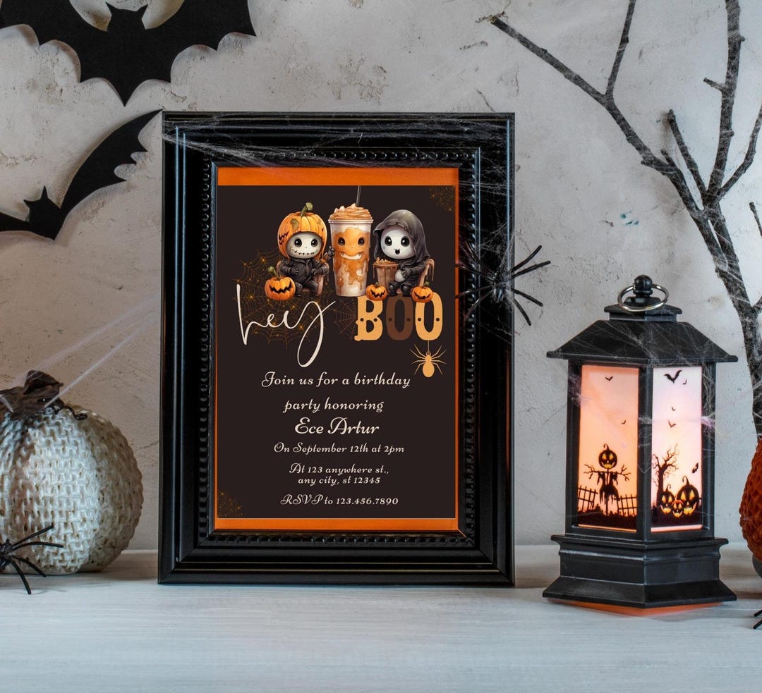 Editable Cute Ghost Hey Boo Birthday Invitation Canva, Hey Boo Ghost ...