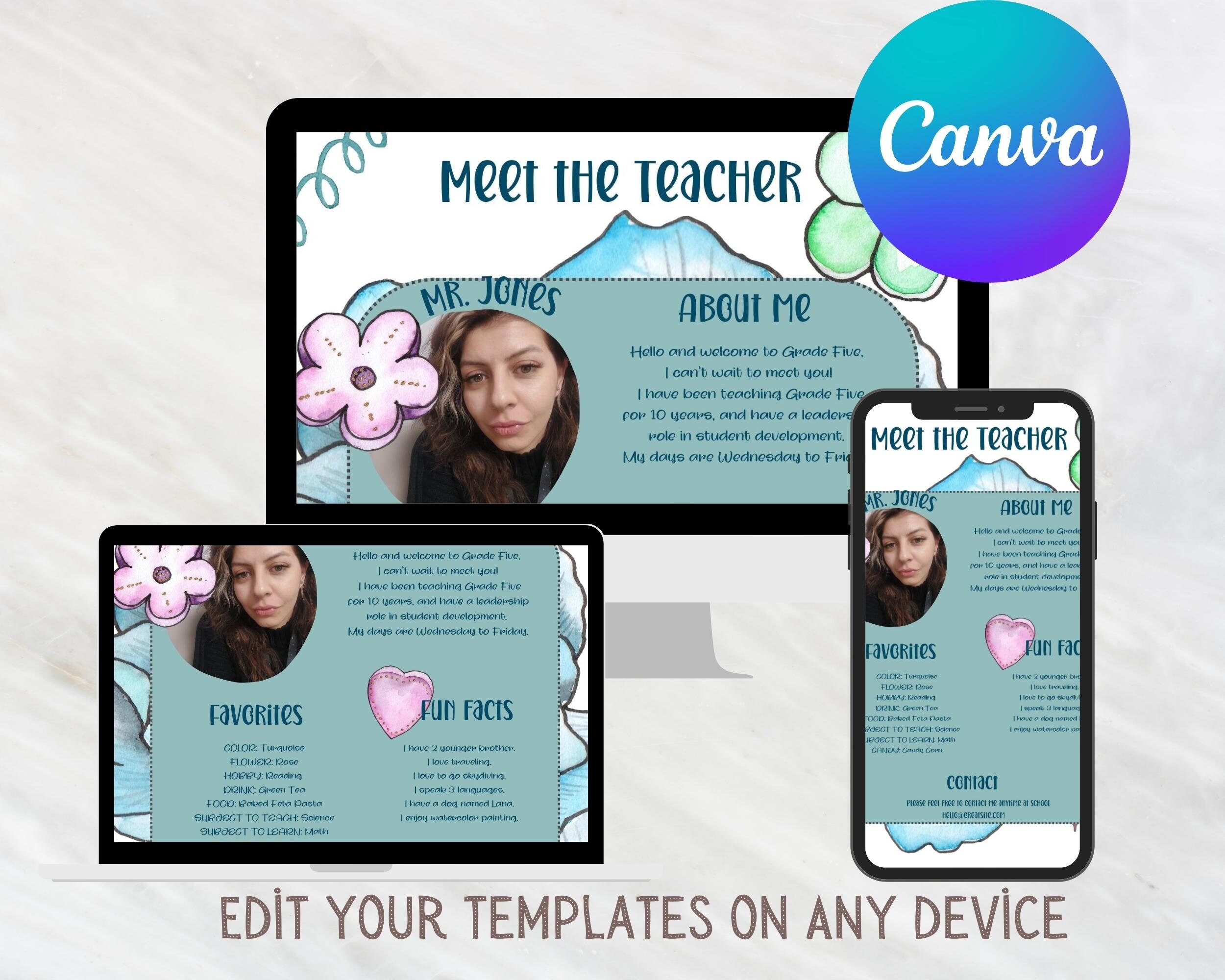 Colorful Meet the Teacher Editable Canva Template, Doodle Classroom ...