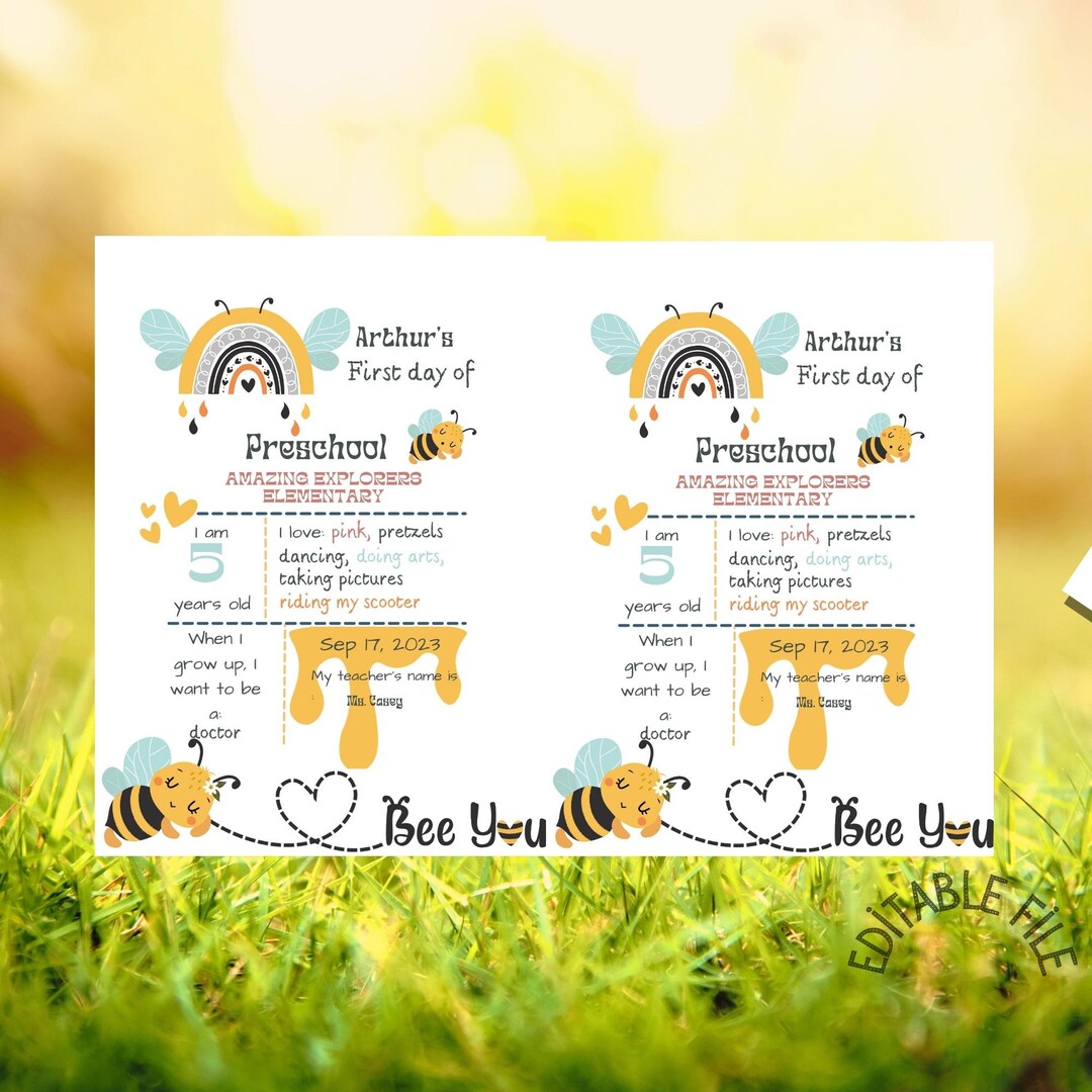 Bee Themed First Day of School Sign, Printable Back to School Sign ...