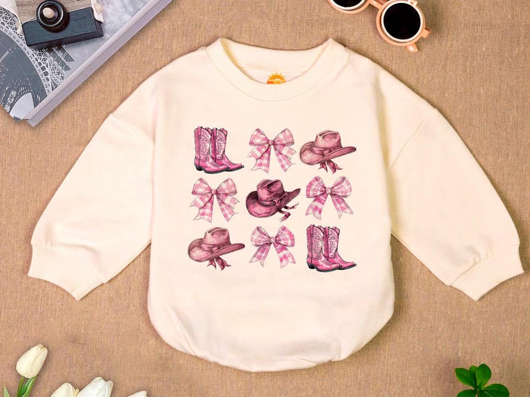 Pink Coquette Boots and Bows Romper Sweatshirt, Western Boots Baby, Pink Cowgirl Baby, Infant ...