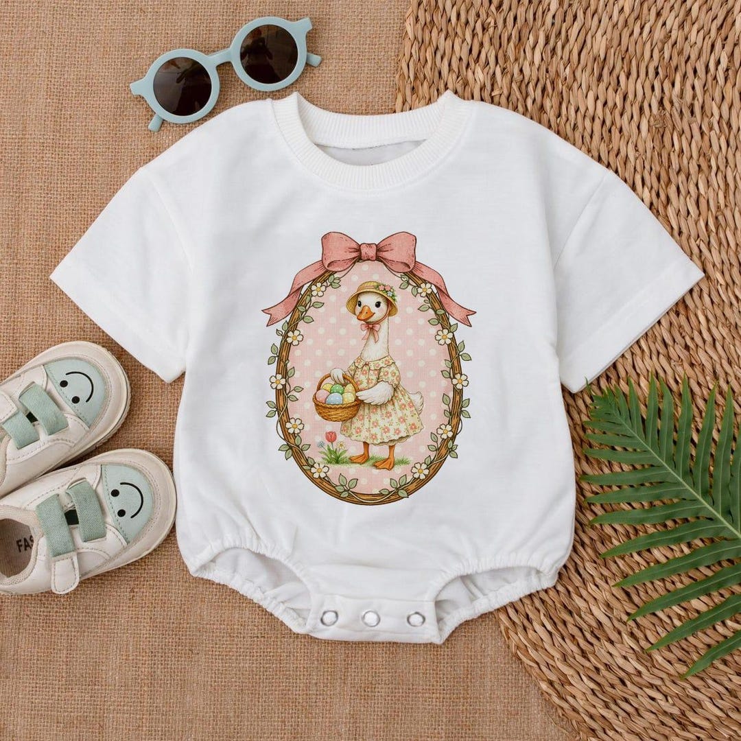 Vintage Goose Baby Romper, Aesthetic Teal Blue Infant Clothes, Boho ...