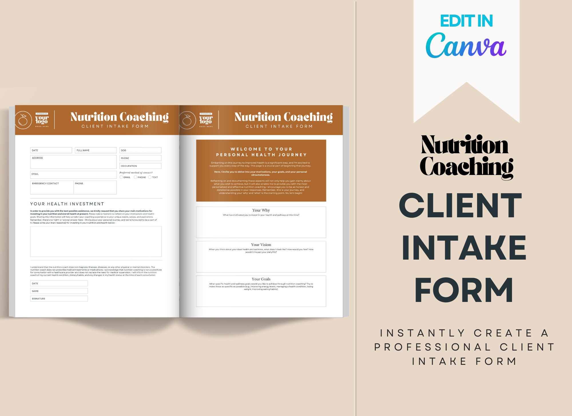 Nutrition Business Forms, Canva Template, Nutrition Coaching Client ...