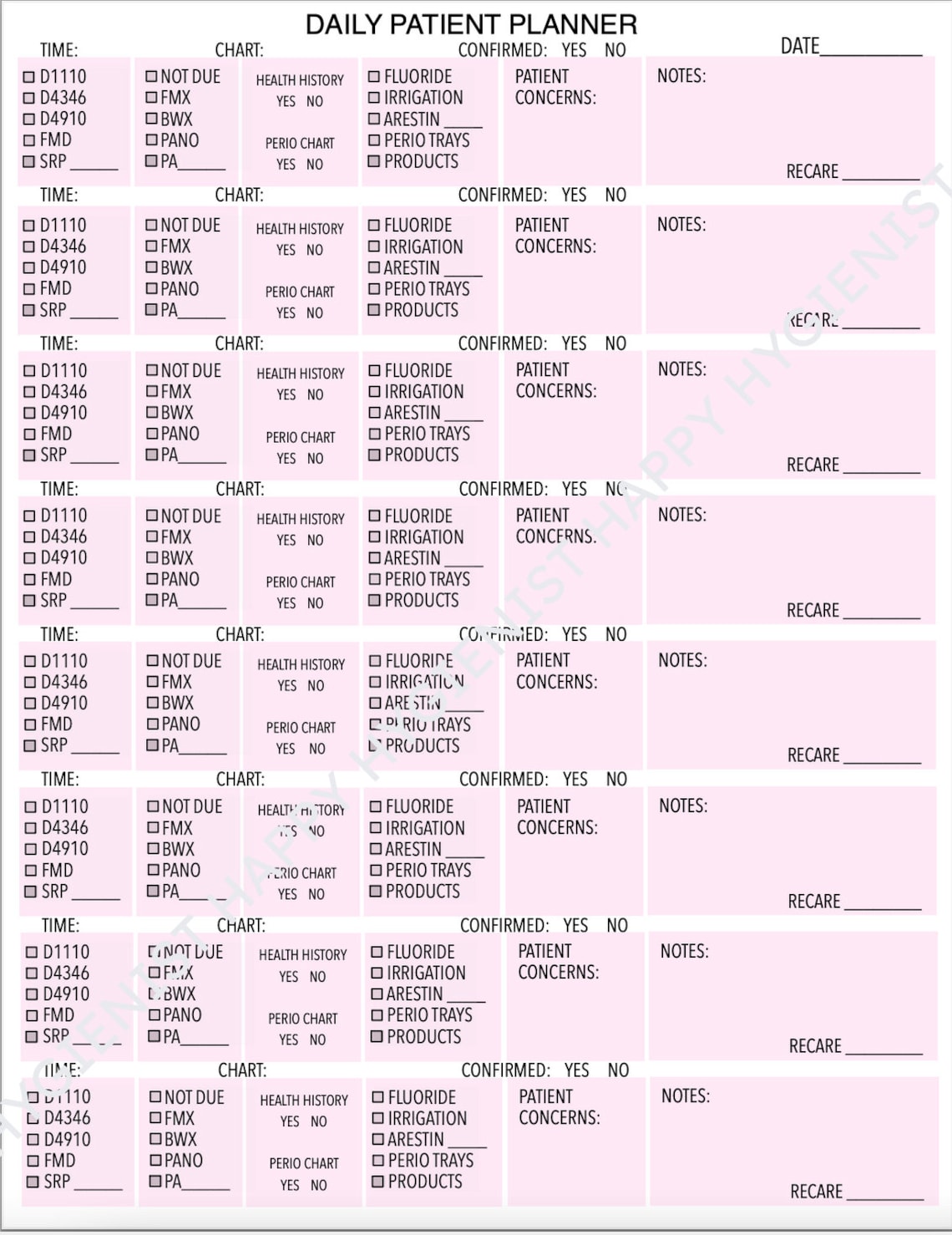 Printable Hygiene Patient Planner PDF (version 3 - Pink) - Etsy