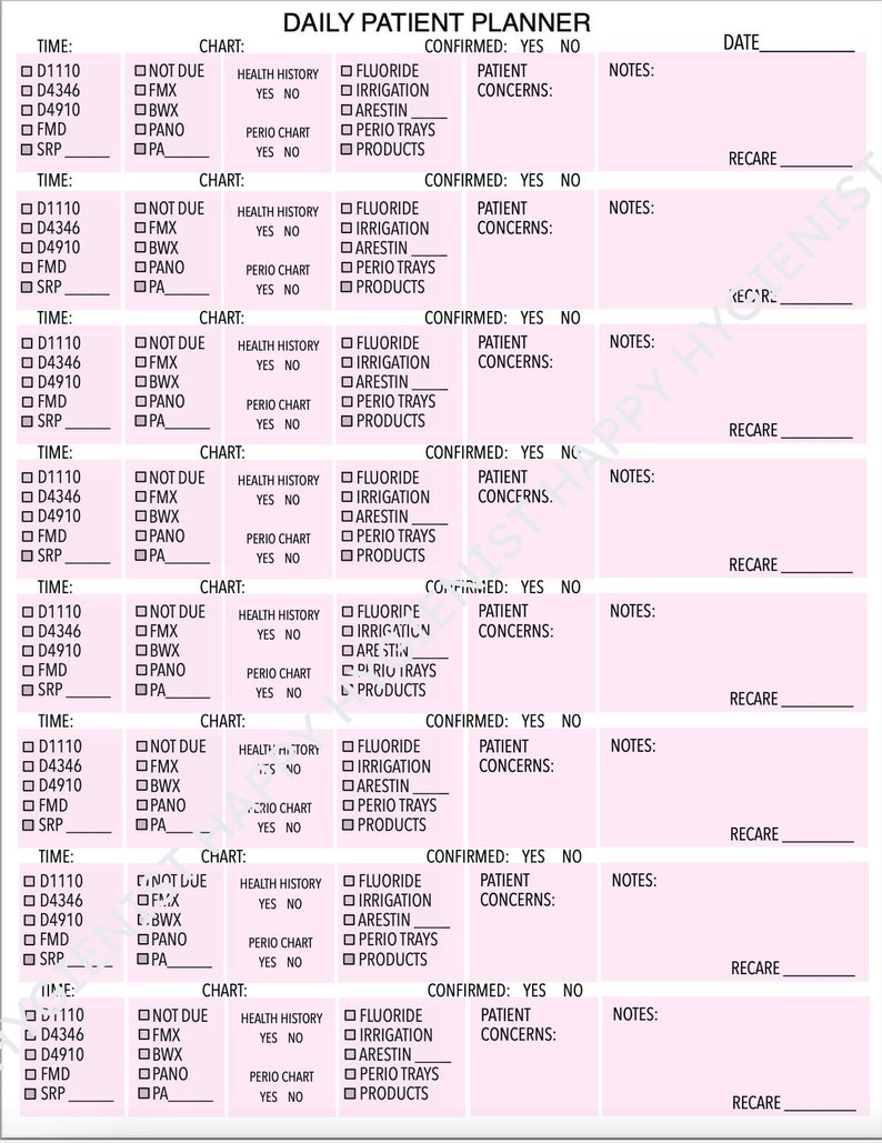 Printable Hygiene Patient Planner PDF (version 3 - Pink) - Etsy