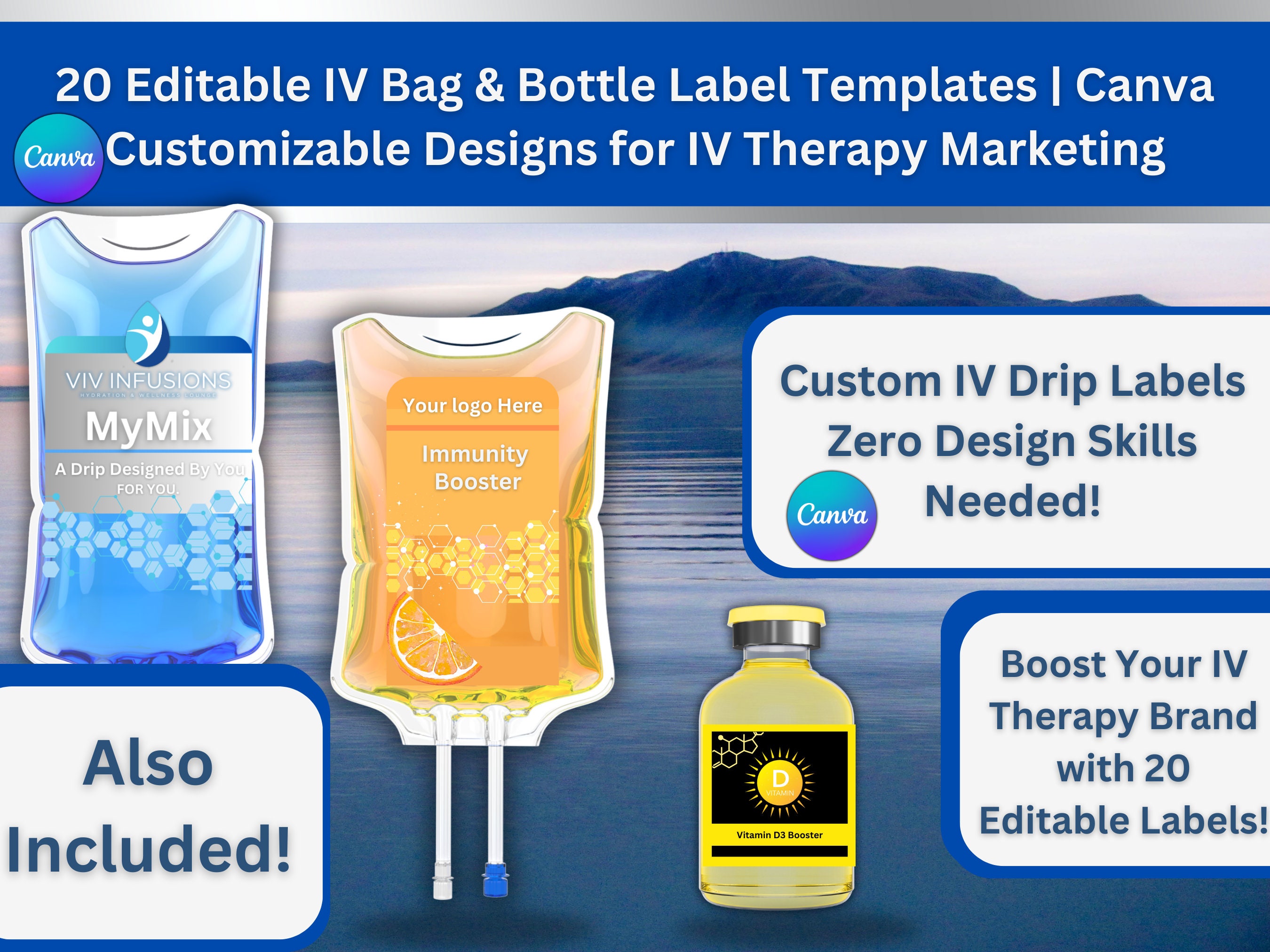 Sleek IV Drip Bag Designs Bundle - 70 Assorted Canva Hydration Bag ...