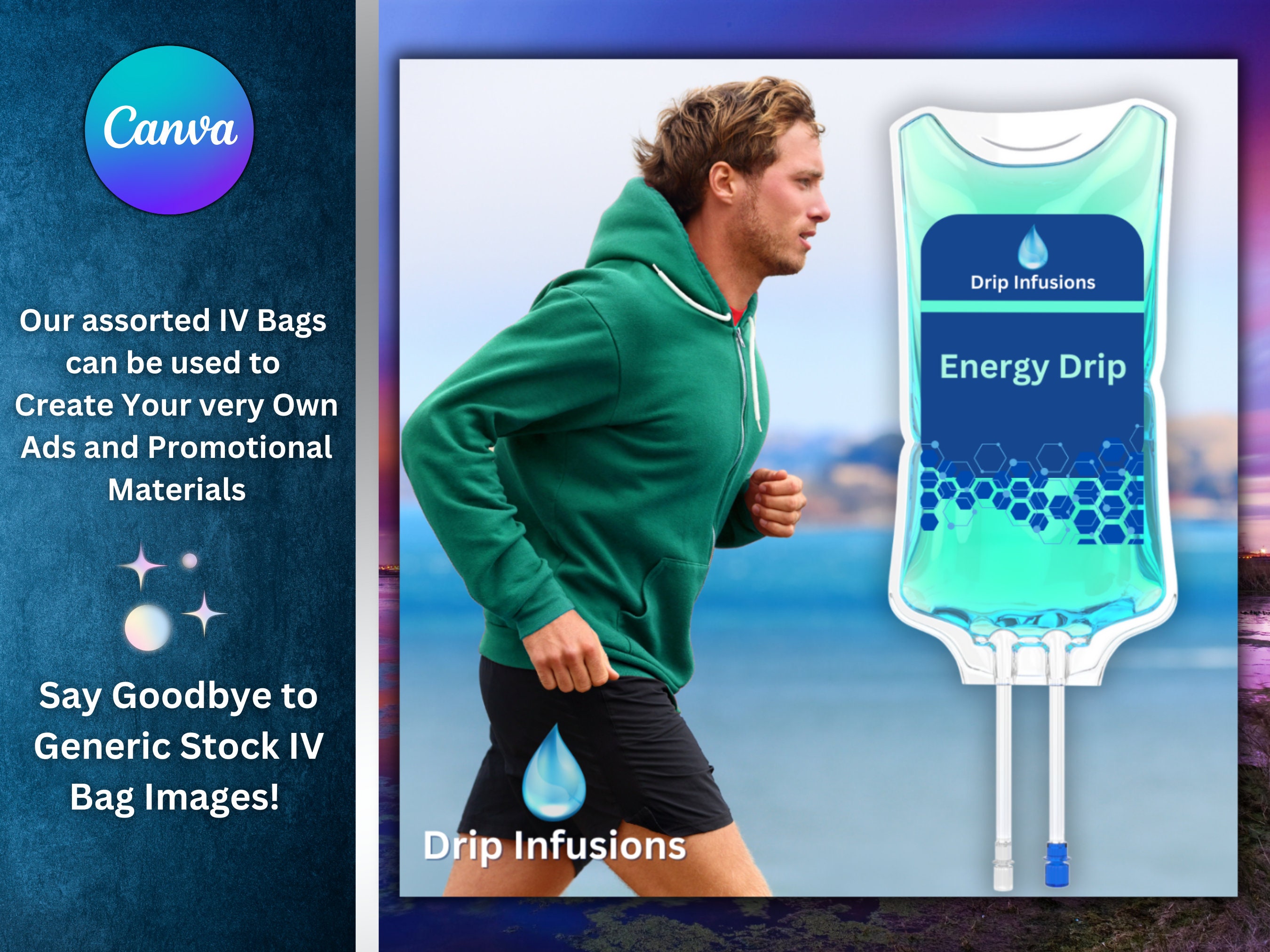 Sleek IV Drip Bag Designs Bundle - 70 Assorted Canva Hydration Bag ...