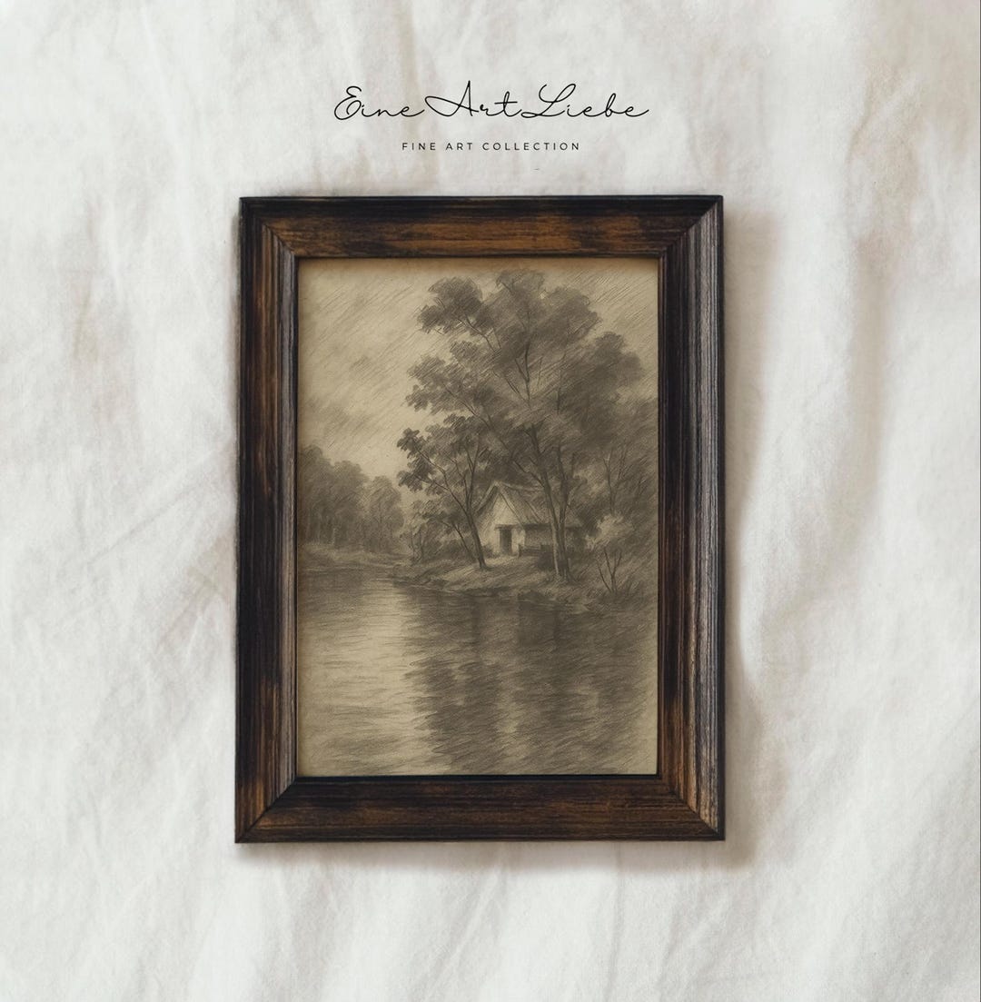 Vintage Landscape Pencil Sketch Art Print: Farmhouse Decor (digital ...