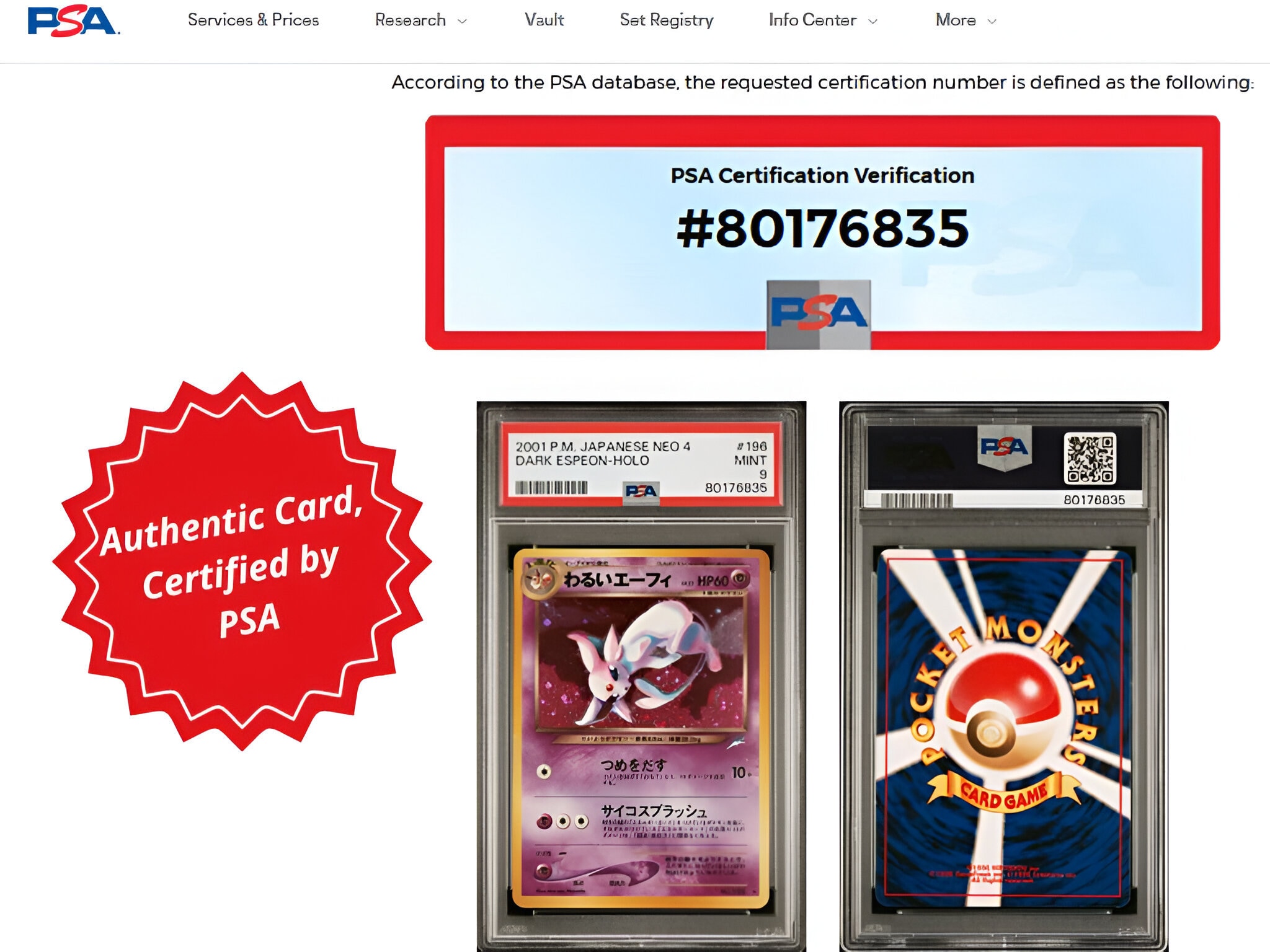 Dark Espeon 196 4/105 Holo Rare Vintage Card, Pokemon TCG PSA 9 Mint ...