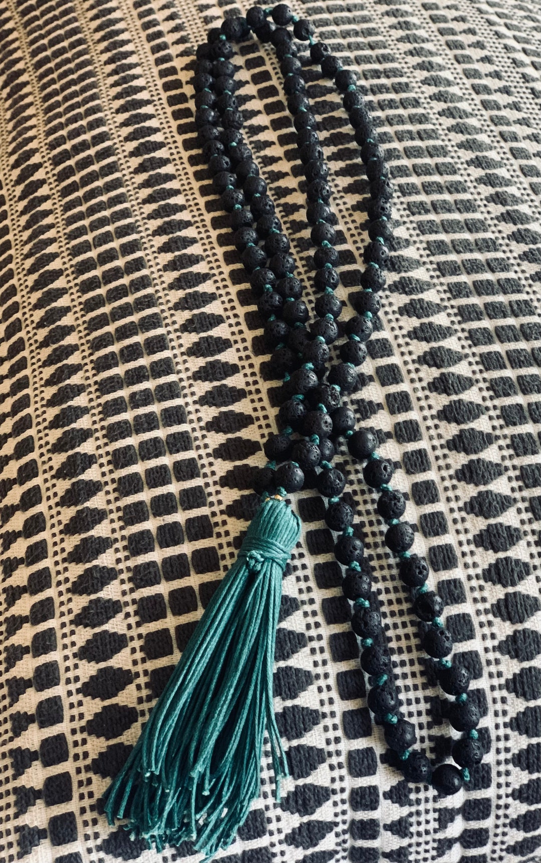 Handcrafted, Hand Knotted, 108 Mala Bead Necklace, Green Hemp Cord ...