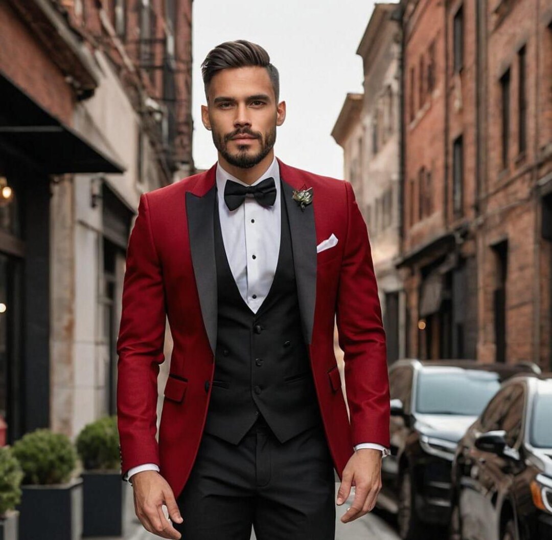 Men's Red 3 Piece Suit – Slim Fit Tuxedo for Wedding, Prom, or Formal ...