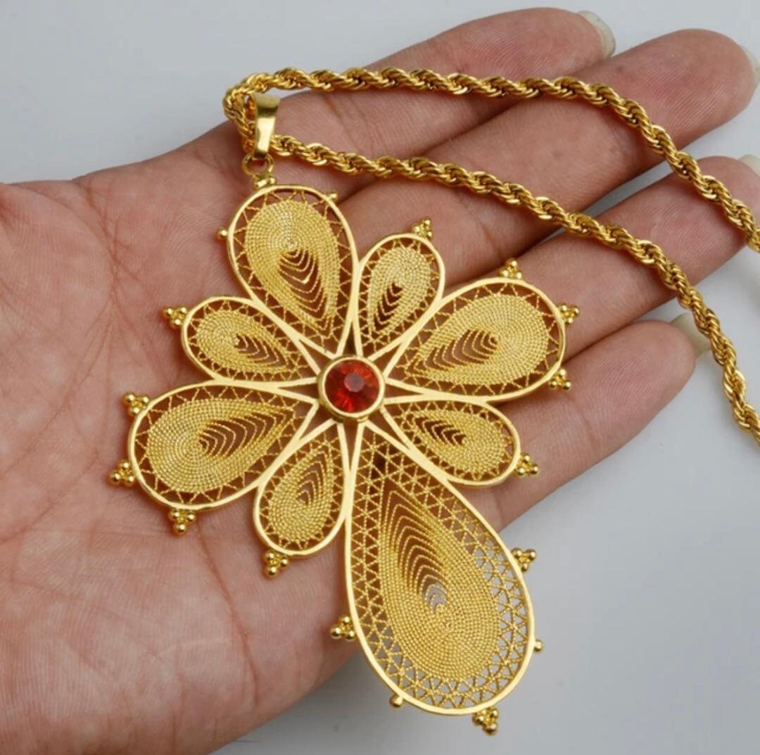 Red Stone Stunning Habesha Big Cross Pendant Necklaces - Gold-plated ...