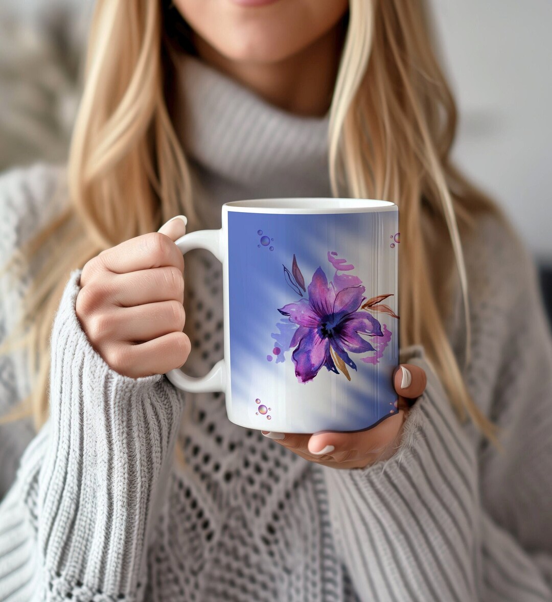 Fuchsia and Blue Flower Large or Small Coffee Mug, Pink Watercolor ...