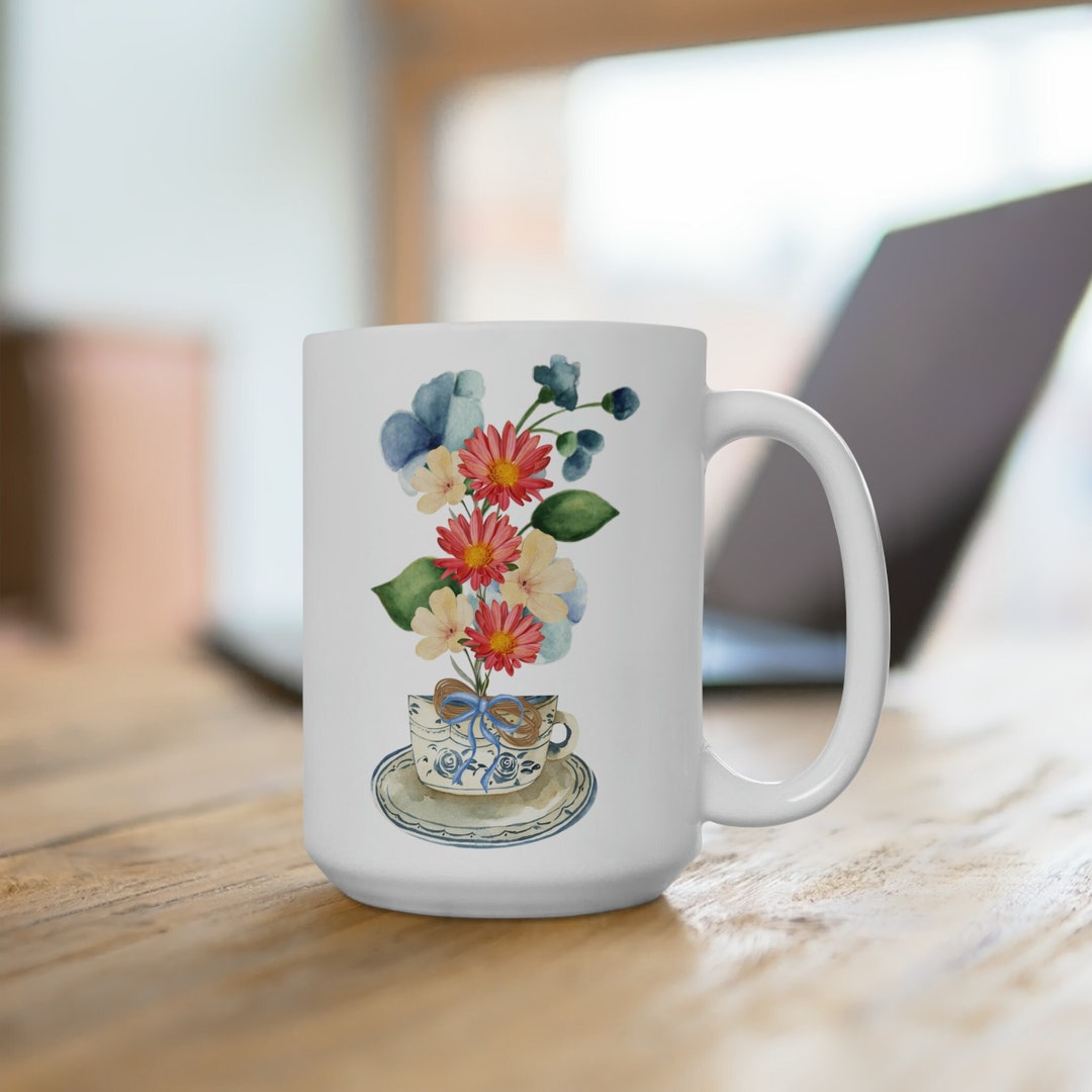 Floral Coffee Mug, Watercolor Flowers in Teacup, 15oz Ceramic Mug - Etsy