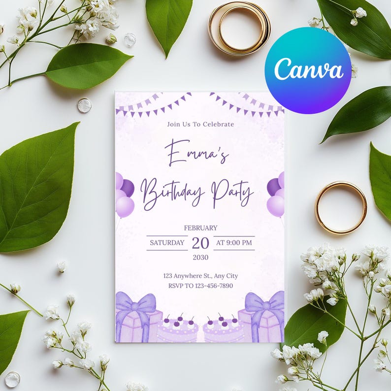 Editable Purple Kids Birthday Invitation Template | Minimal Canva Party ...
