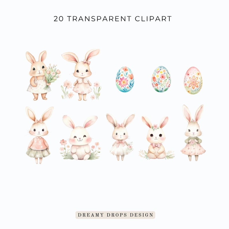 Cute Easter Bunny Clipart Pack, Pastel Watercolor Spring Bunnies, Boho ...